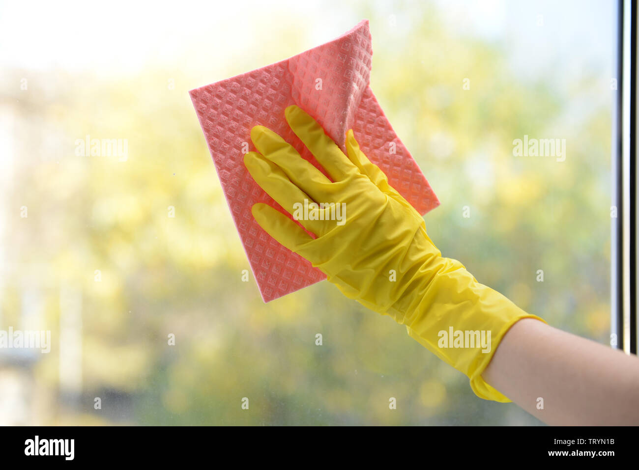 Hands with napkin cleaning window Stock Photo - Alamy