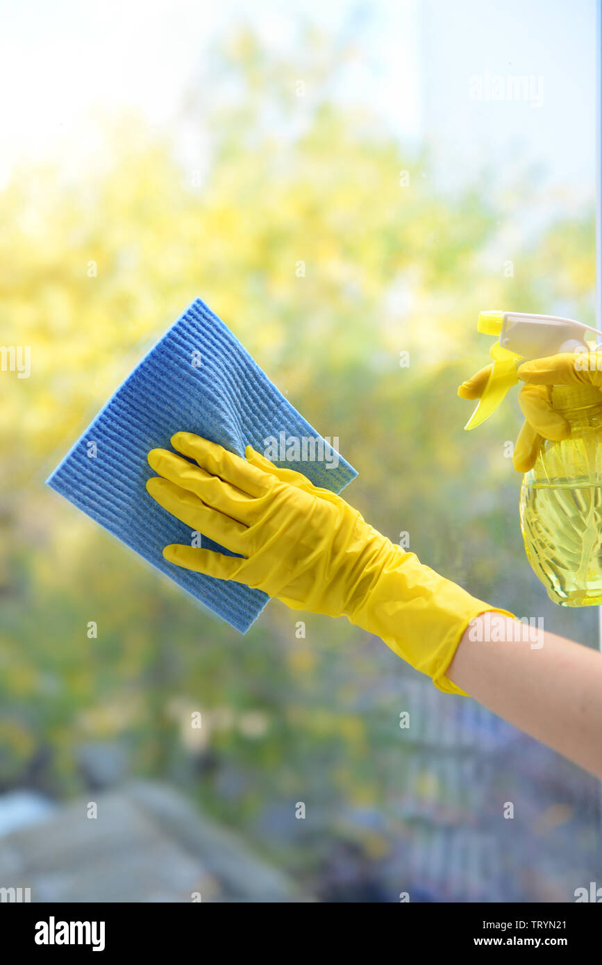Hands with spray cleaning the window Stock Photo - Alamy