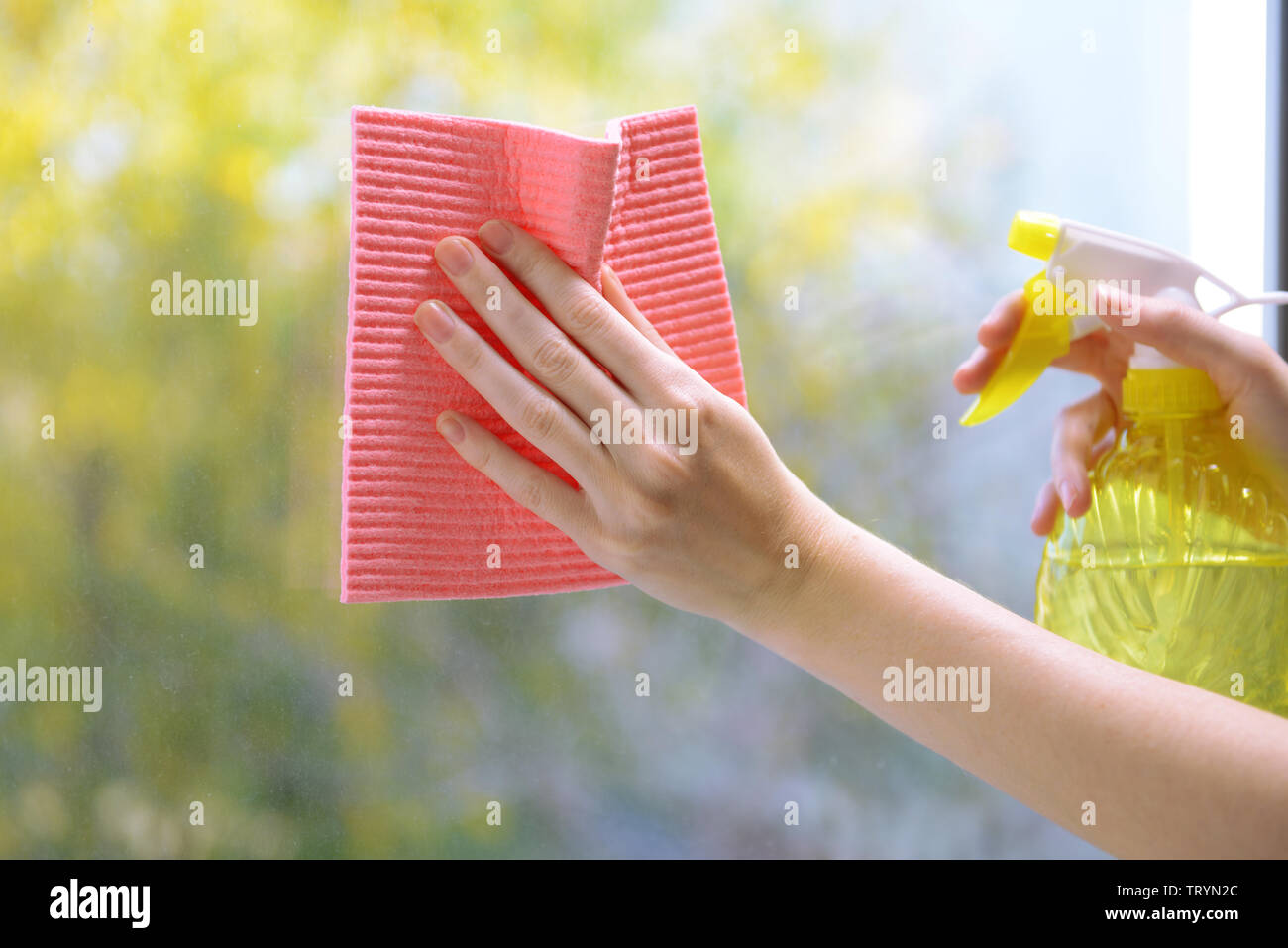 Hands with spray cleaning the window Stock Photo - Alamy