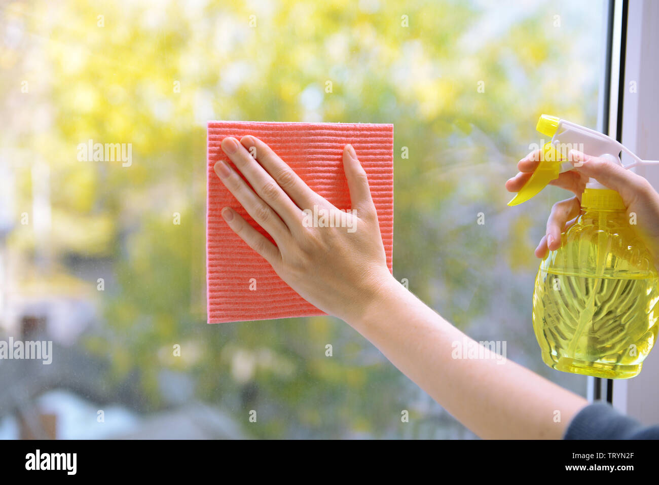 Hands with spray cleaning the window Stock Photo - Alamy