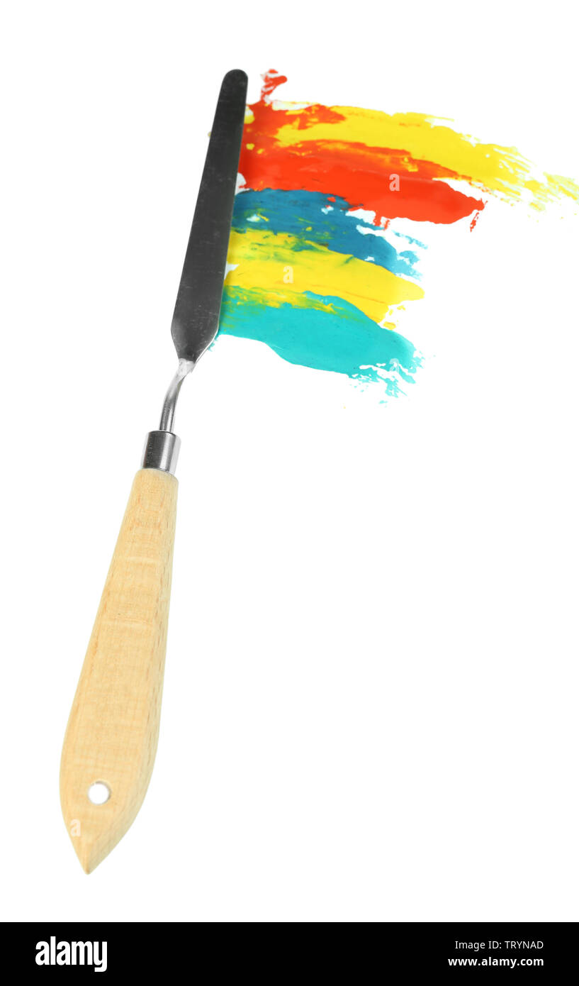 Painting palette knife with paints isolated on white Stock Photo - Alamy