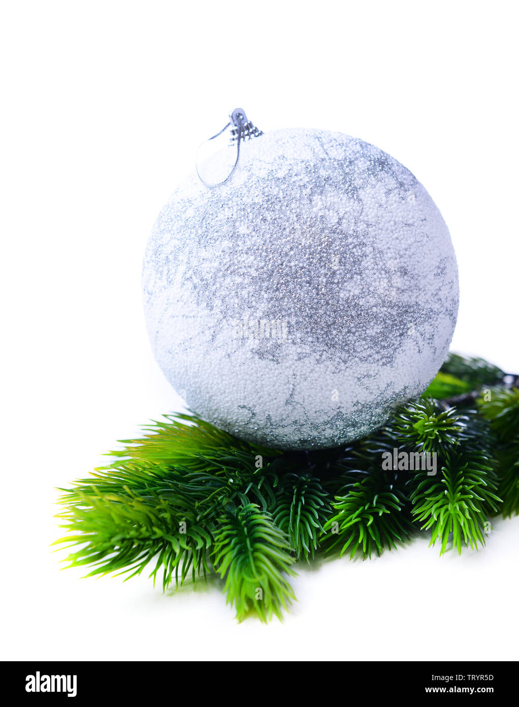 Christmas ball on fir tree, isolated on white Stock Photo - Alamy