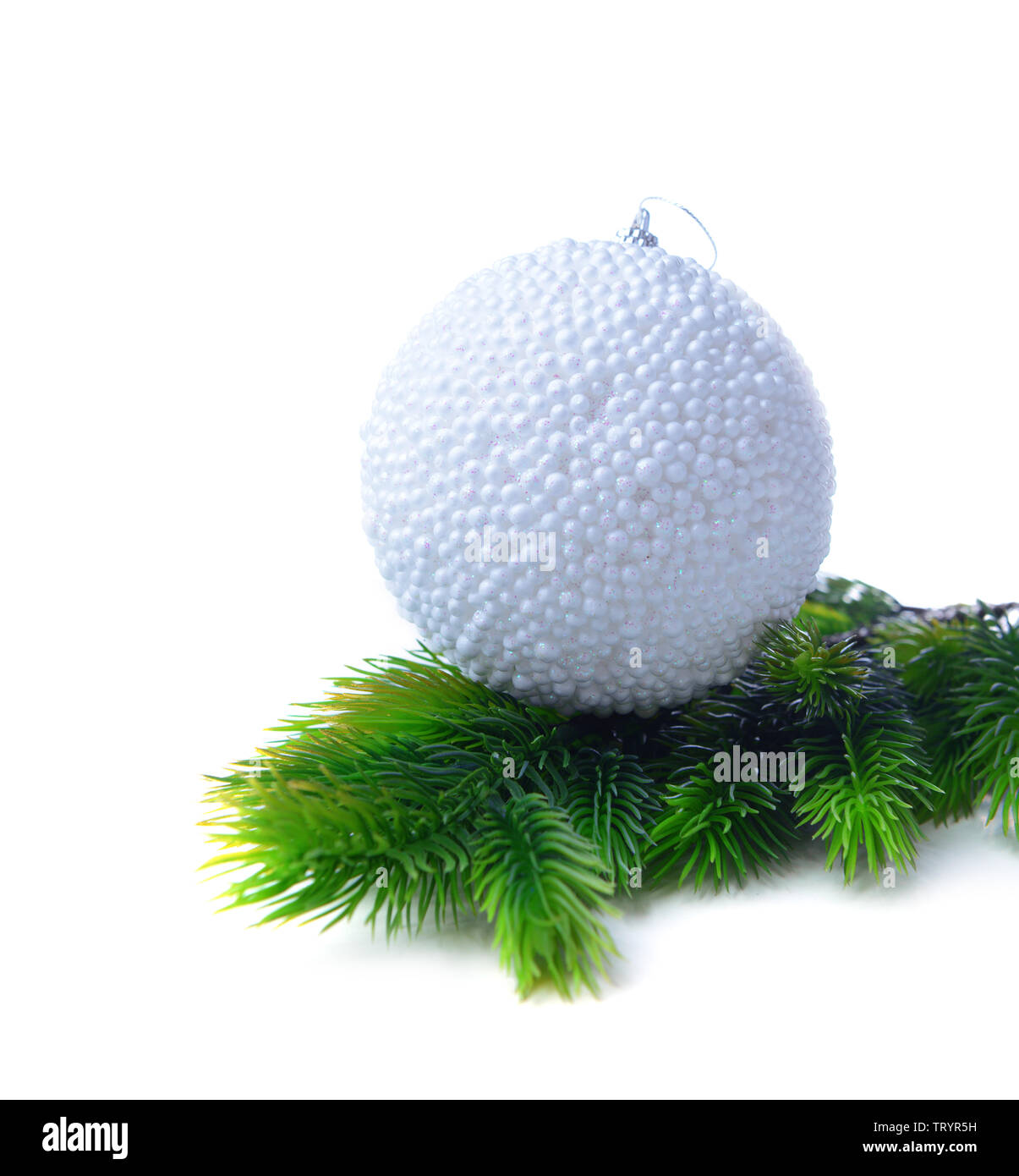 Christmas ball on fir tree, isolated on white Stock Photo - Alamy