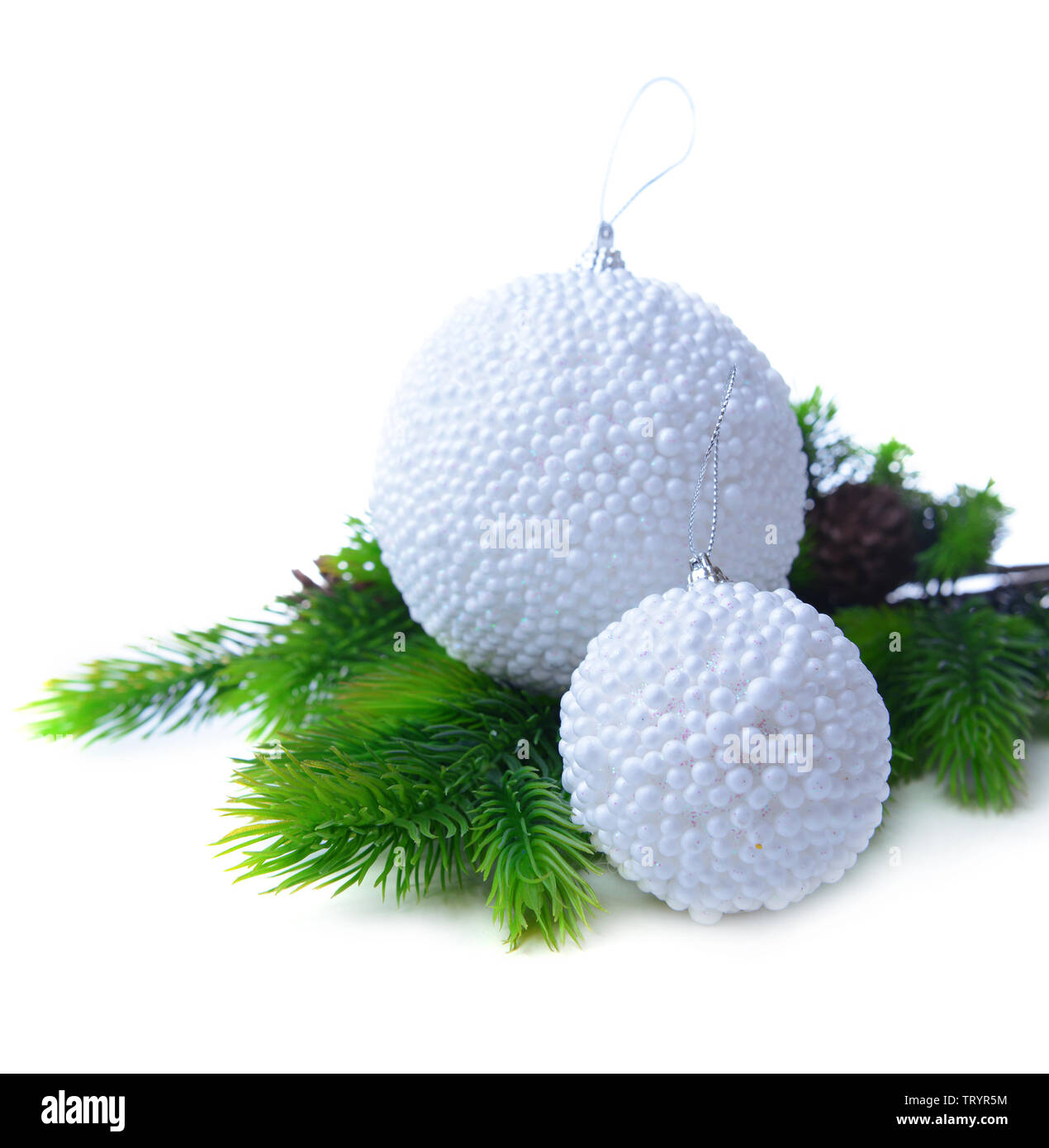 Christmas balls on fir tree, isolated on white Stock Photo - Alamy