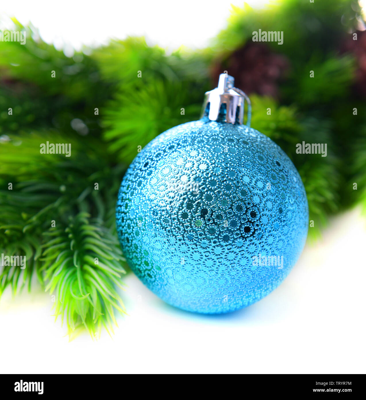 Christmas ball on fir tree, isolated on white Stock Photo - Alamy