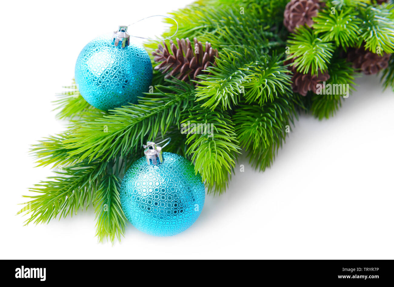 Christmas balls on fir tree, isolated on white Stock Photo - Alamy