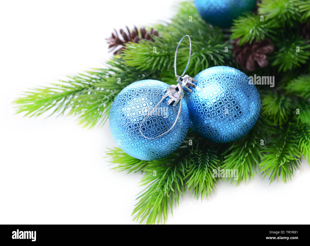 Christmas balls on fir tree, isolated on white Stock Photo - Alamy