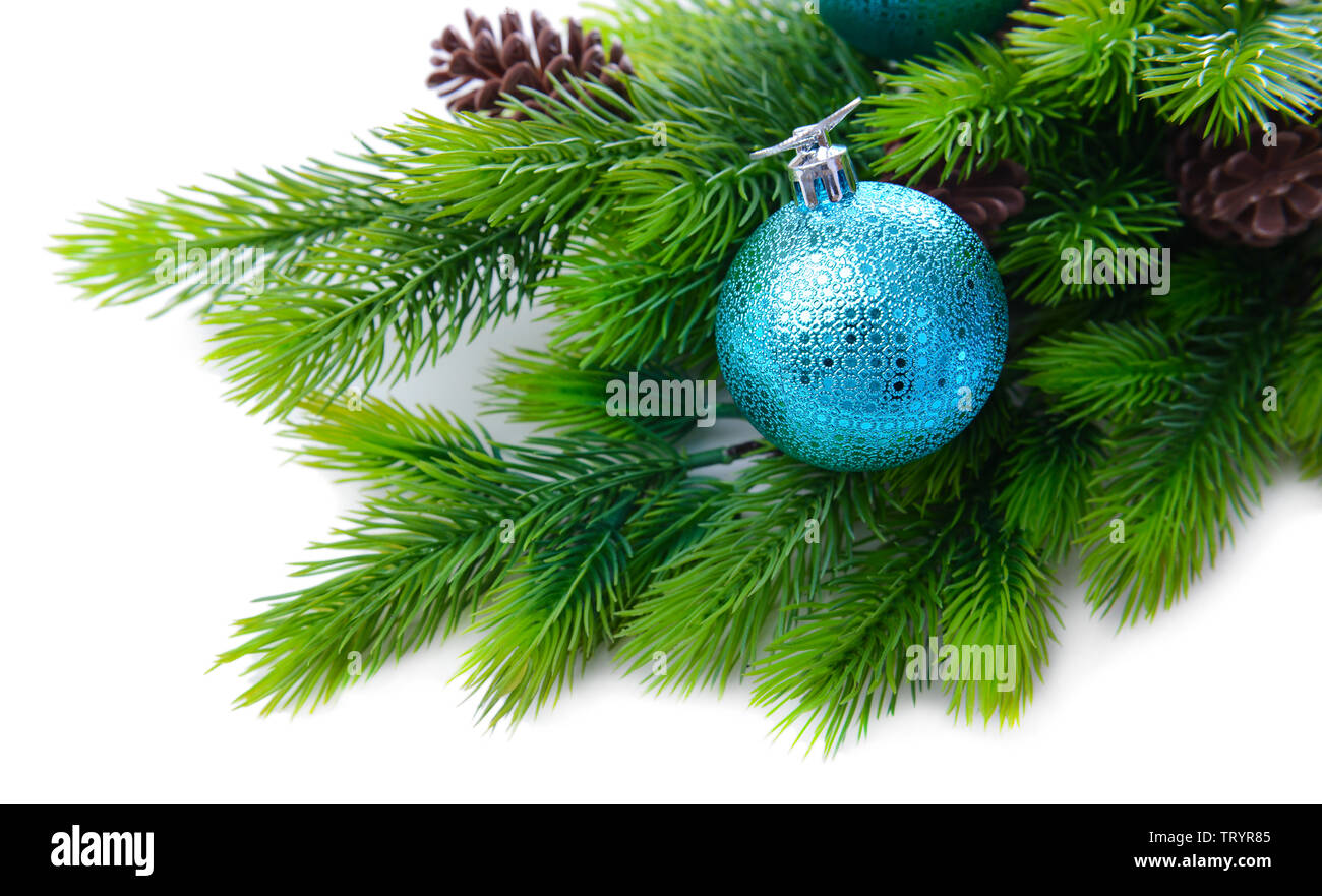Christmas ball on fir tree, isolated on white Stock Photo - Alamy