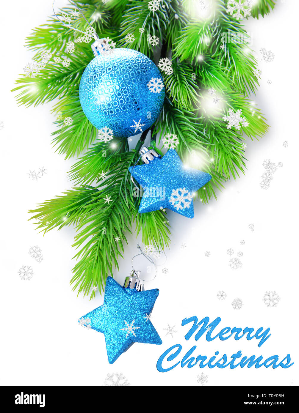 Christmas balls and decorative stars on fir tree, isolated on white ...
