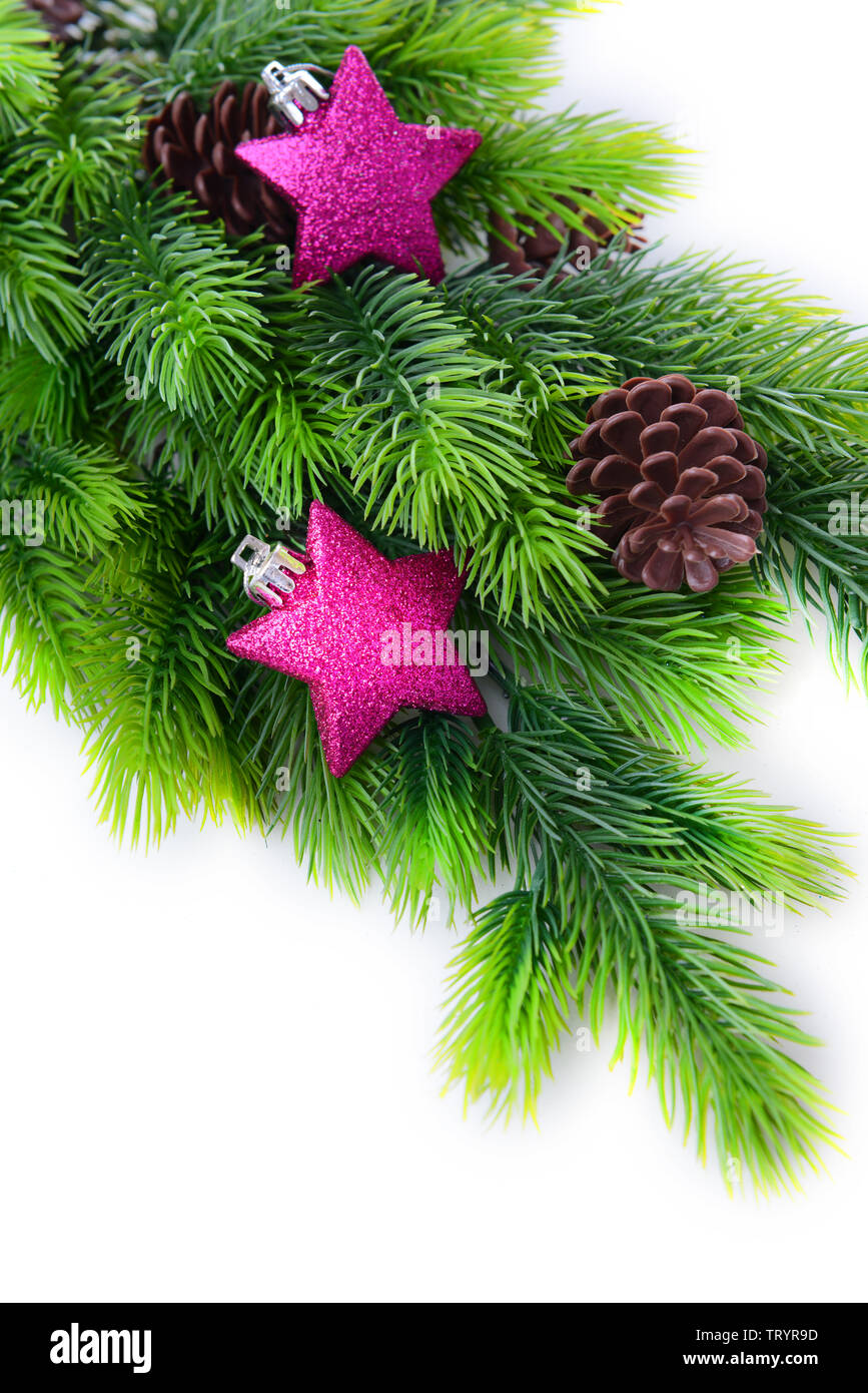 Christmas decorative stars on fir tree, isolated on white Stock Photo ...