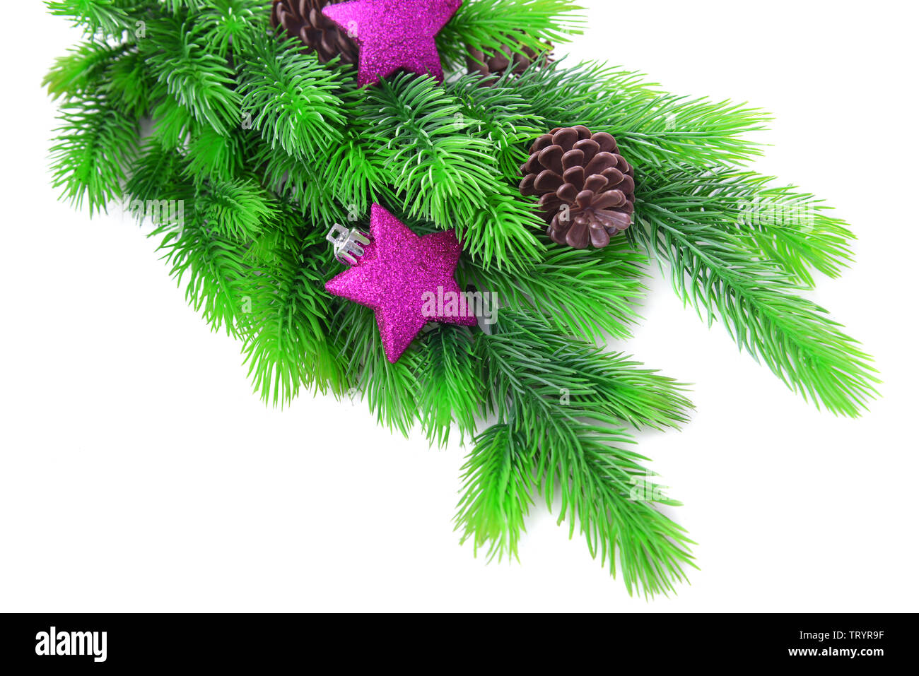 Christmas decorative stars on fir tree, isolated on white Stock Photo ...