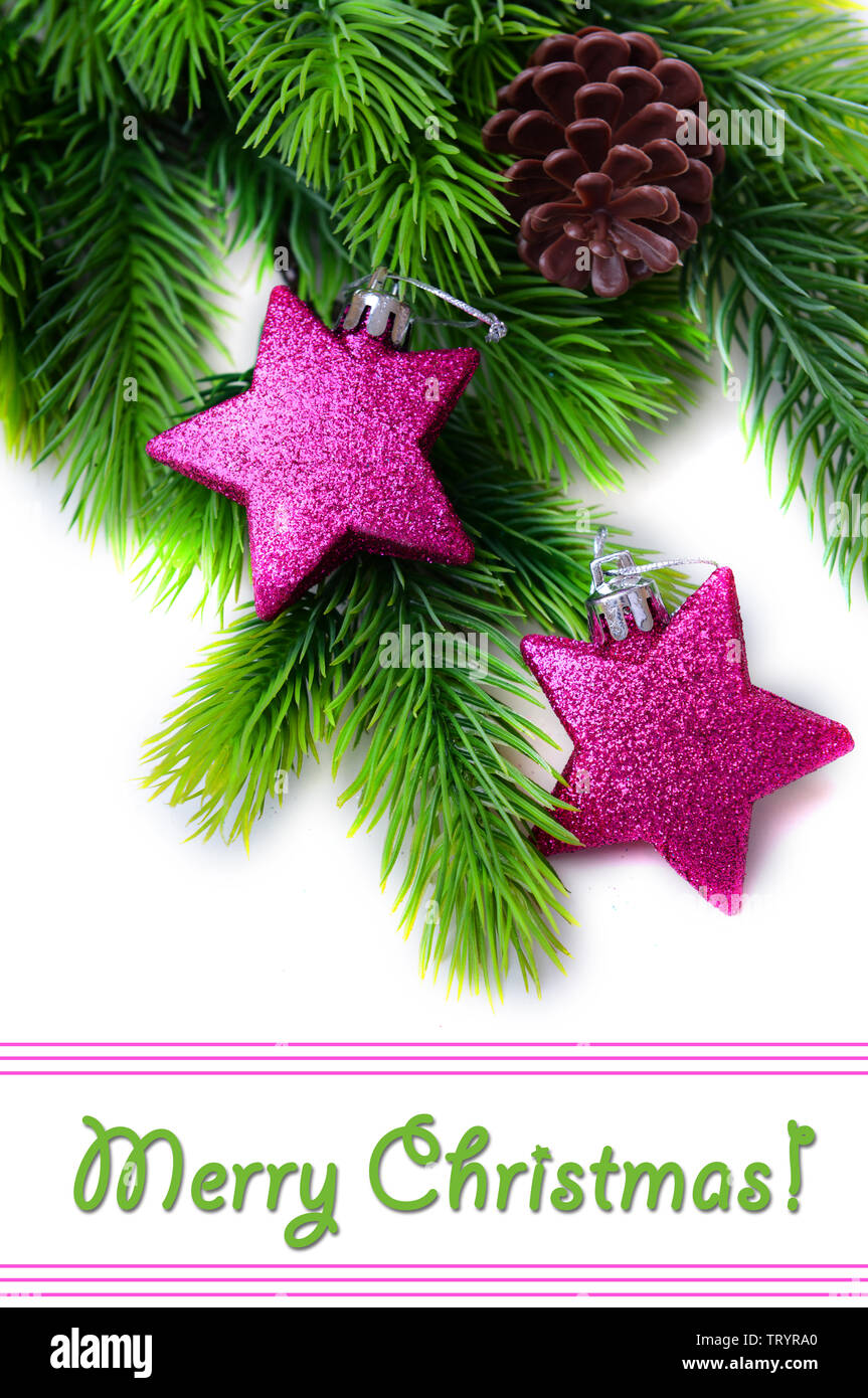 Christmas decorative stars on fir tree, isolated on white Stock Photo ...