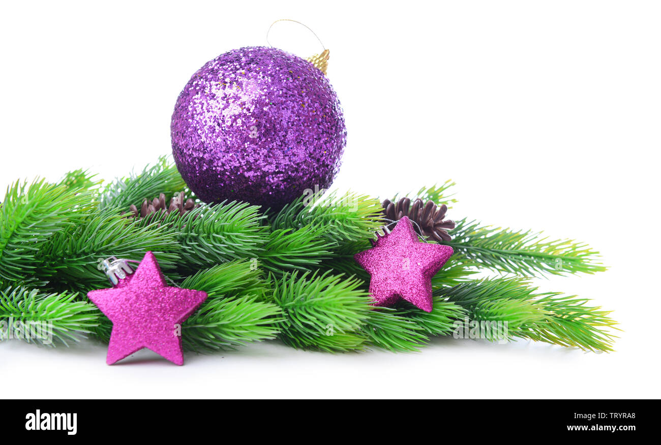 Christmas balls and decorative stars on fir tree, isolated on white ...