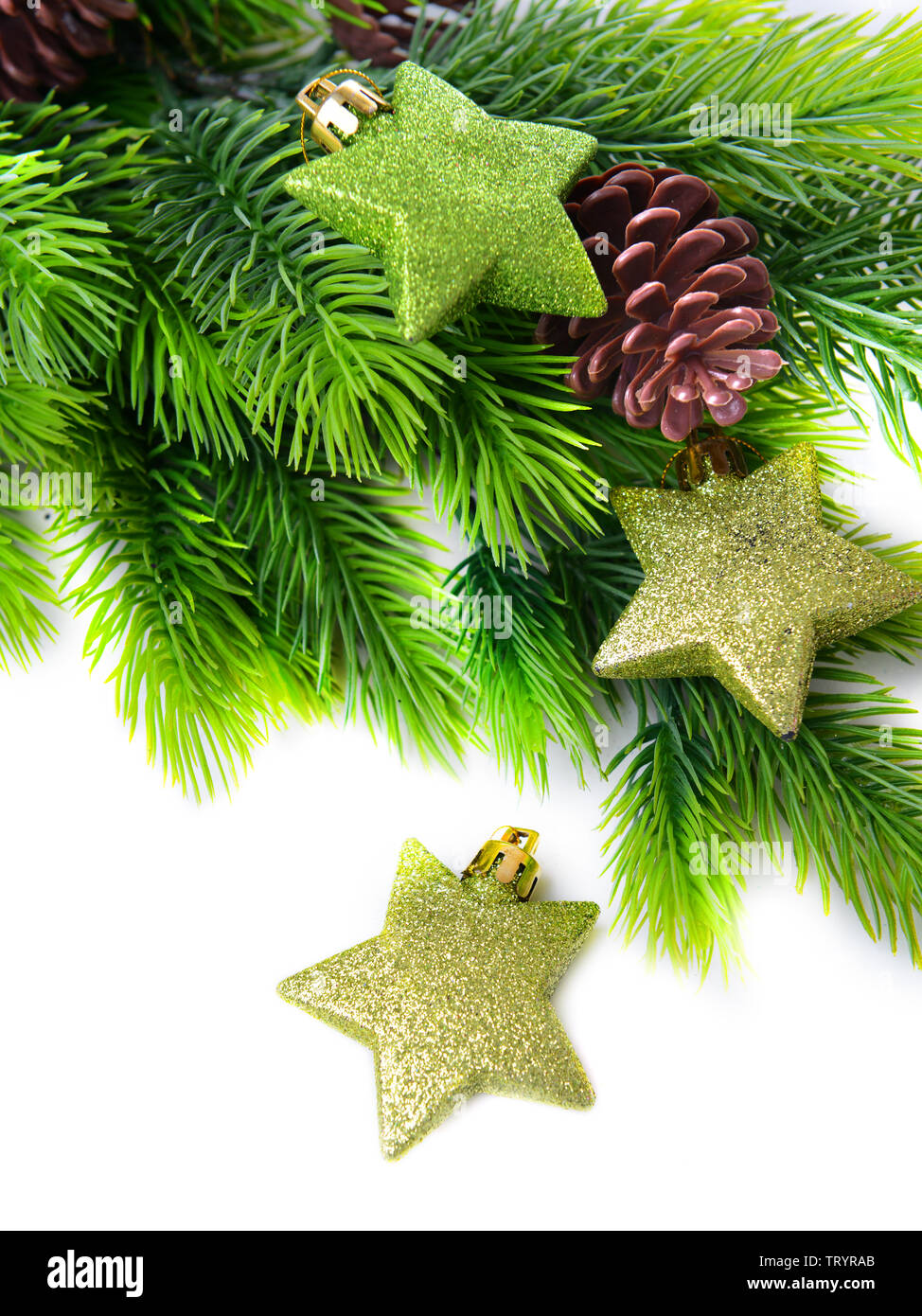 Christmas decorative stars on fir tree, isolated on white Stock Photo ...