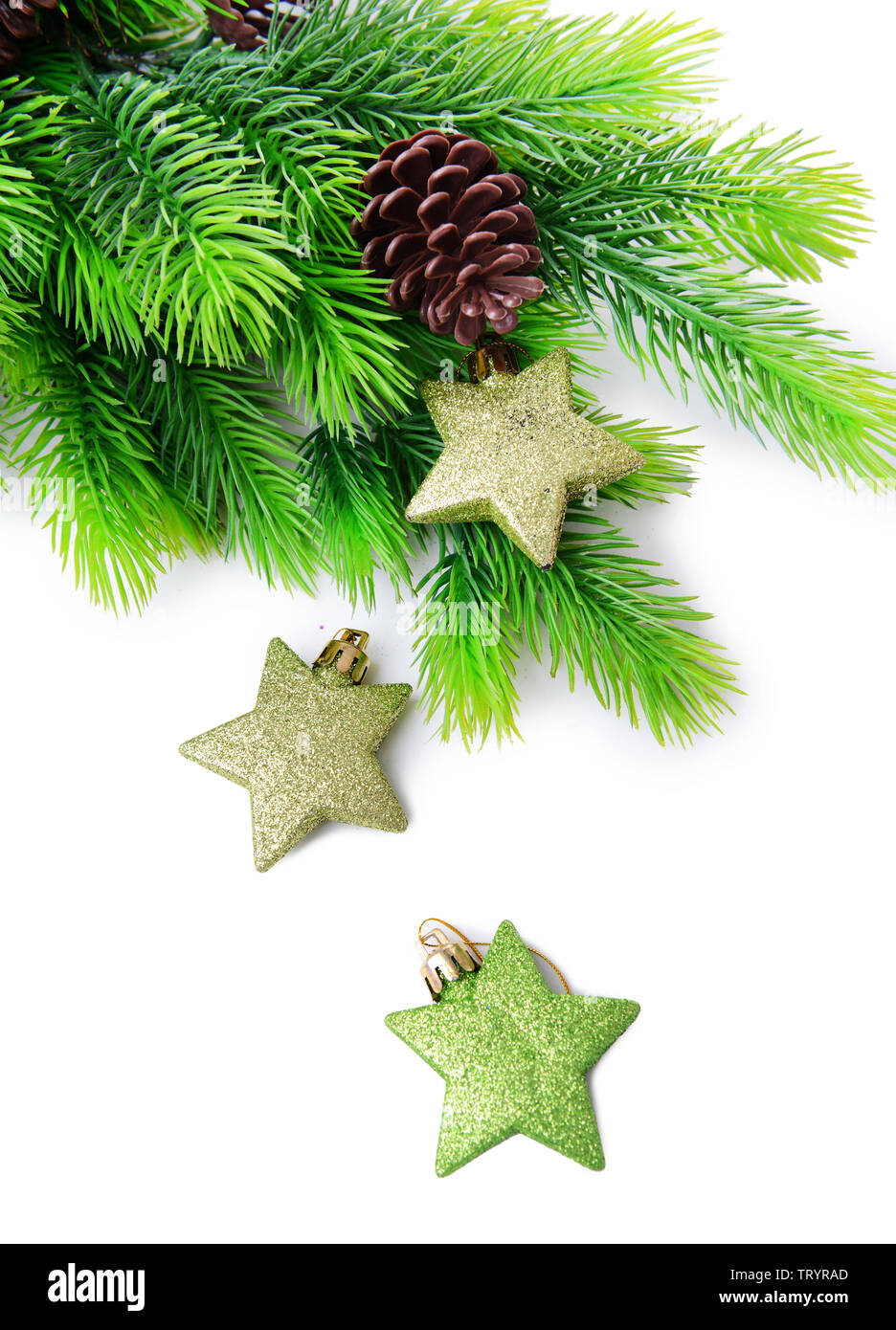 Christmas decorative stars on fir tree, isolated on white Stock Photo ...