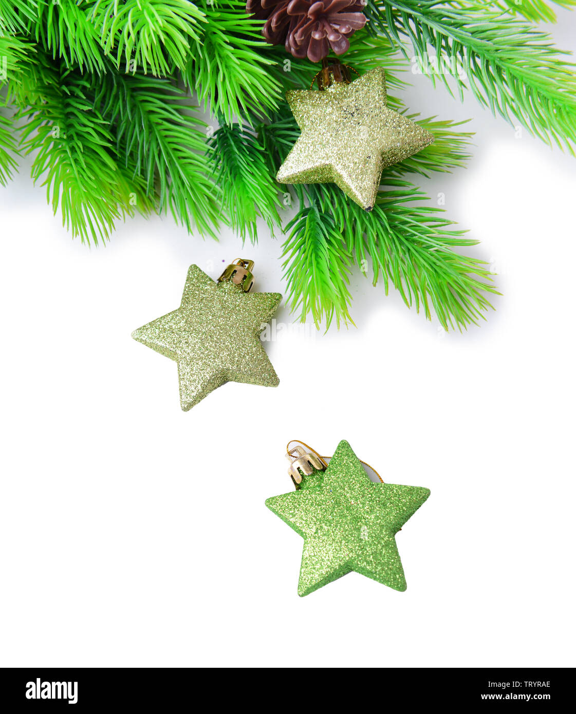Christmas decorative stars on fir tree, isolated on white Stock Photo ...