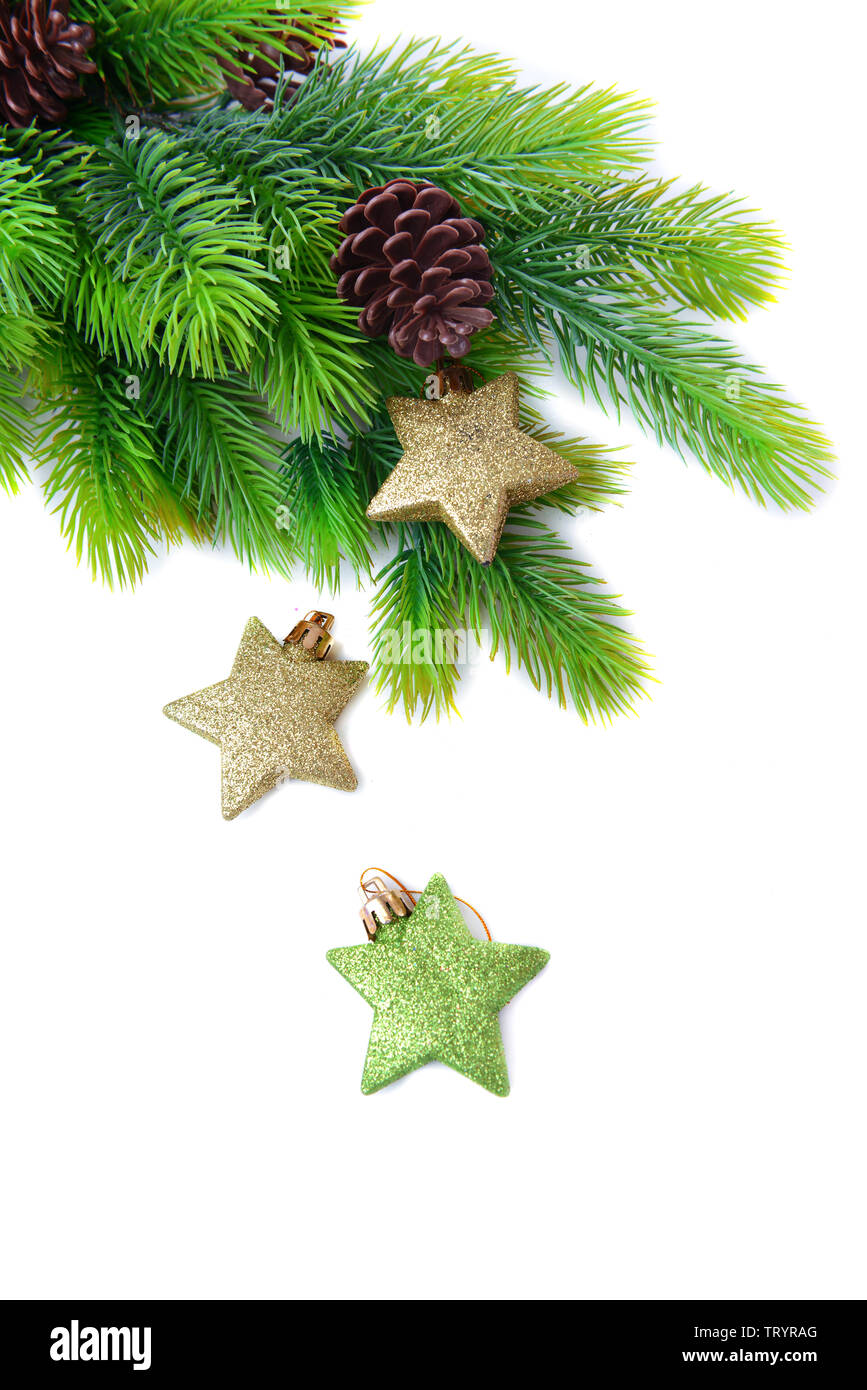 Christmas decorative stars on fir tree, isolated on white Stock Photo ...