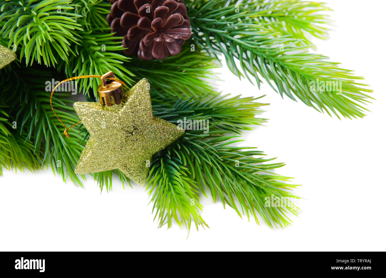 Christmas decorative stars on fir tree, isolated on white Stock Photo ...