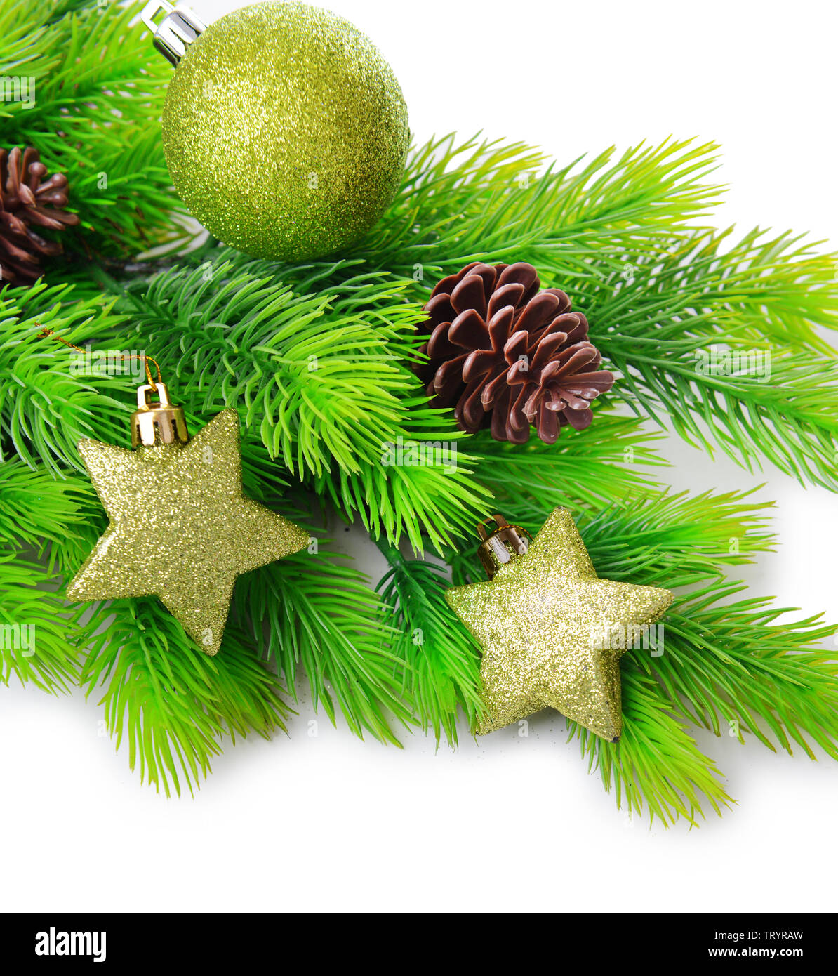 Christmas balls and decorative stars on fir tree, isolated on white ...