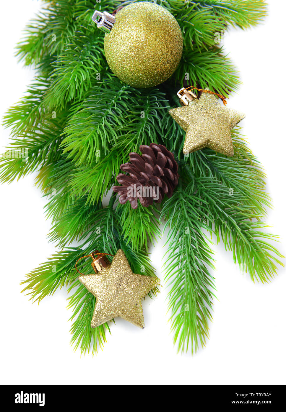 Christmas balls and decorative stars on fir tree, isolated on white ...