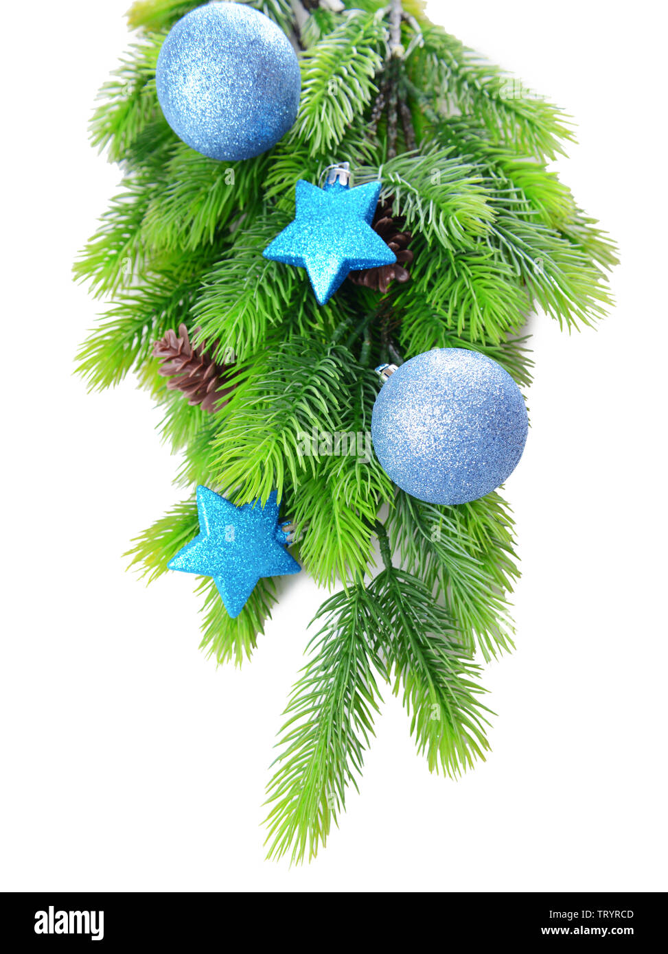 Christmas balls and decorative stars on fir tree, isolated on white ...