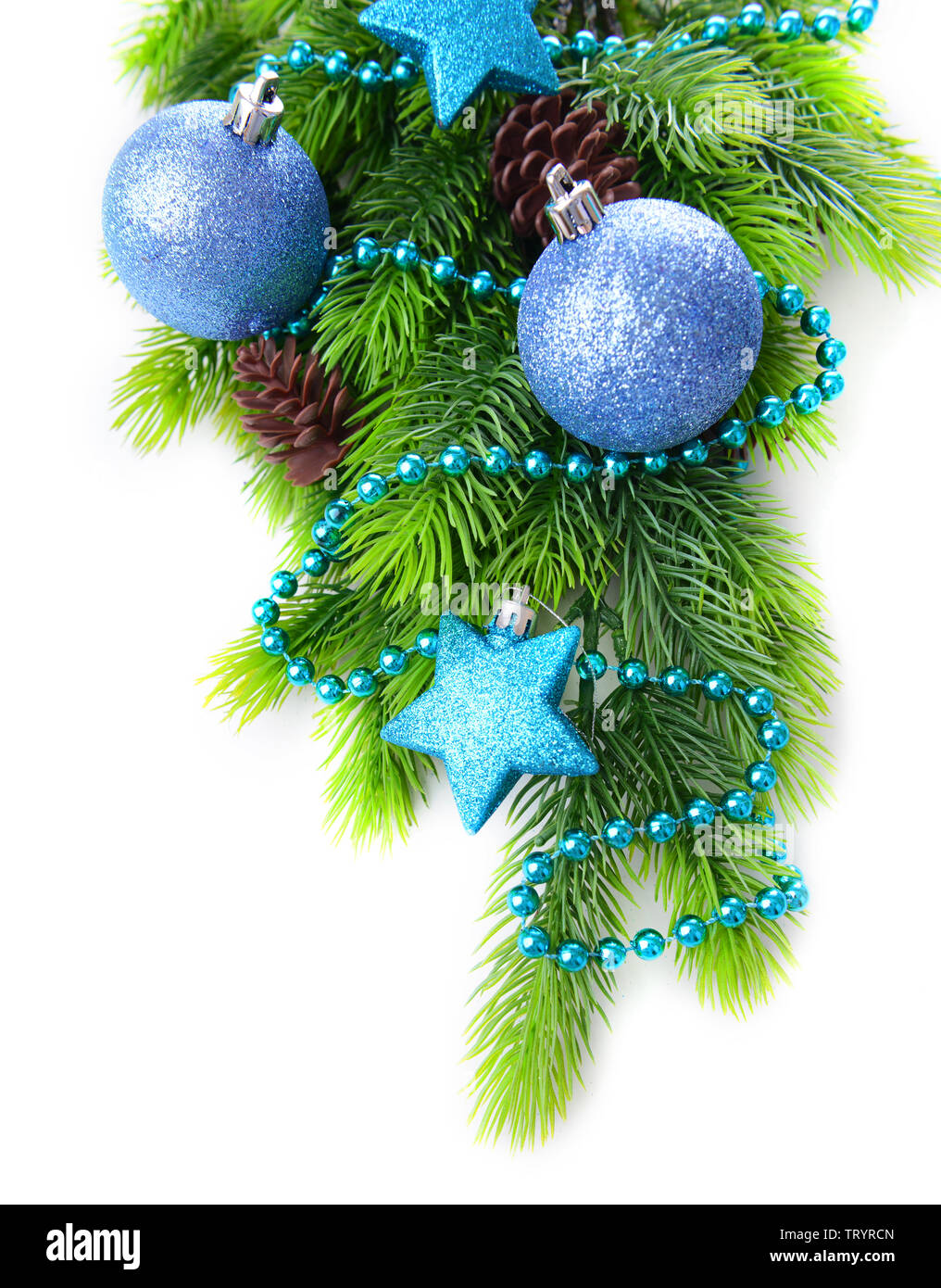 Christmas balls and decorative stars on fir tree, isolated on white ...