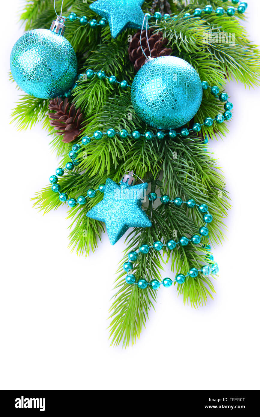 Christmas balls and decorative stars on fir tree, isolated on white ...