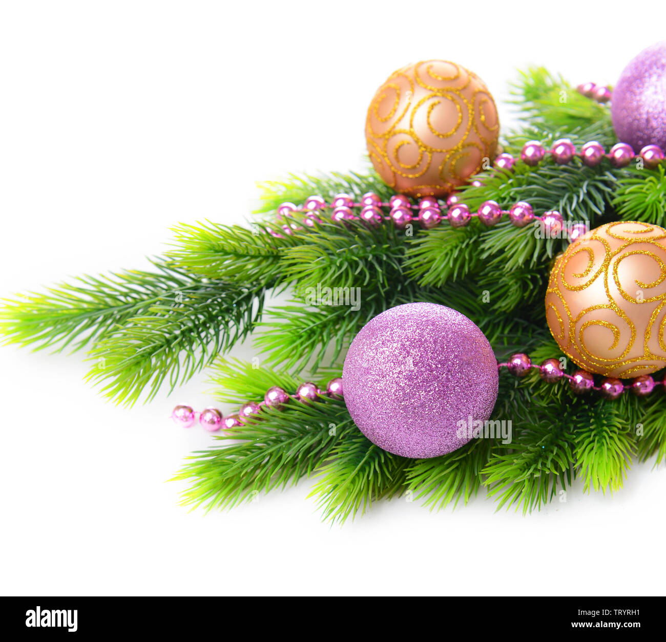 Christmas balls on fir tree, isolated on white Stock Photo - Alamy