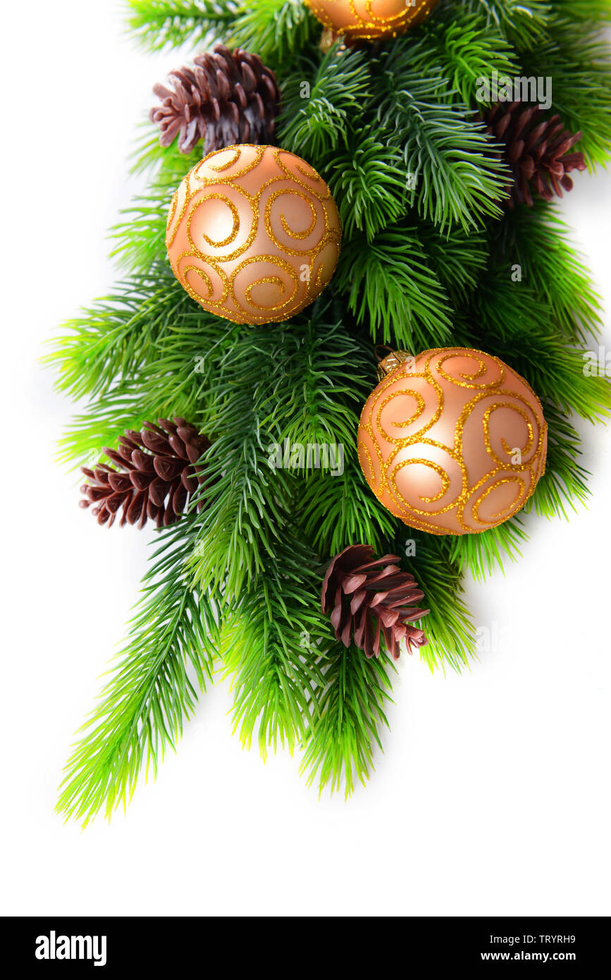 Christmas balls on fir tree, isolated on white Stock Photo - Alamy