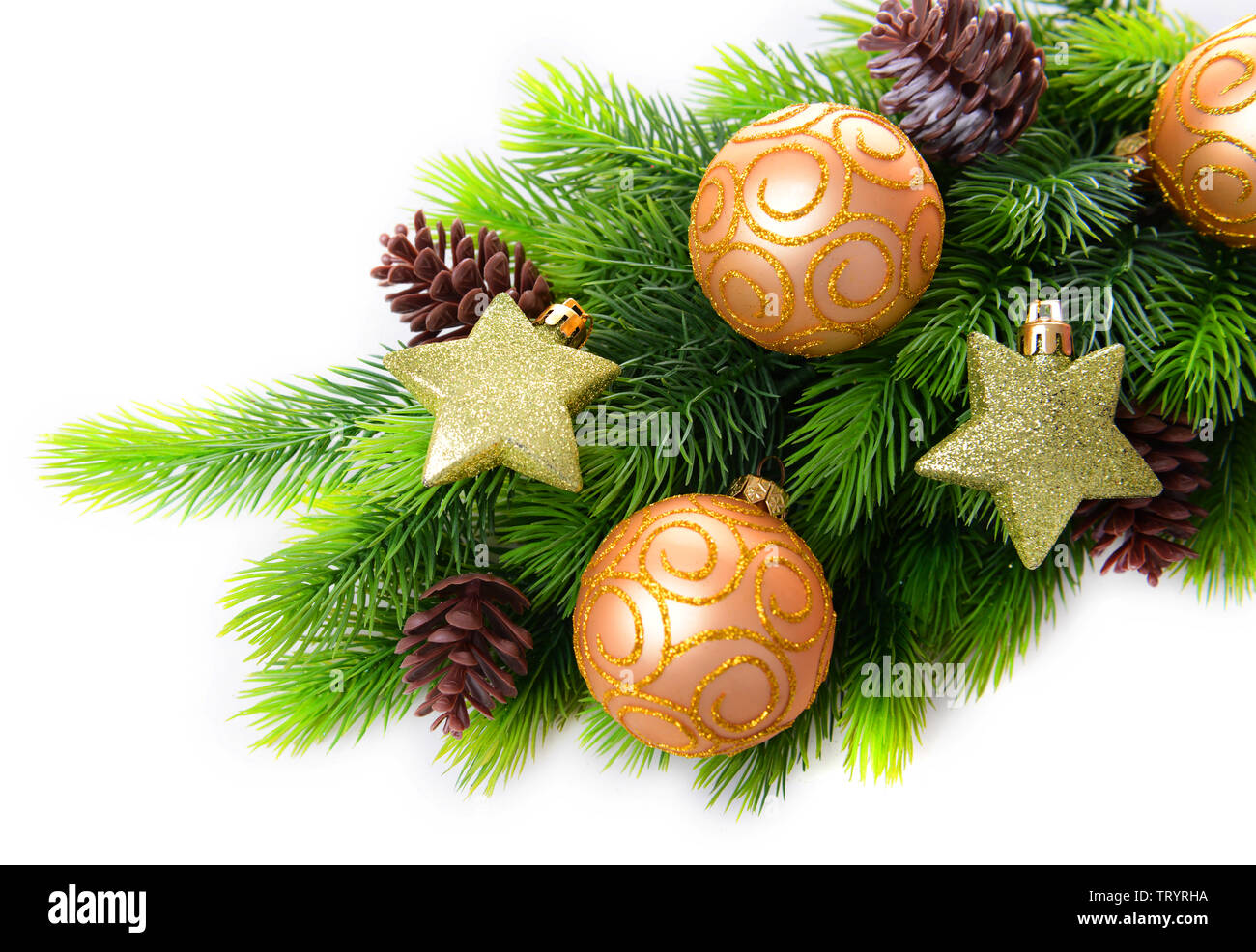 Christmas balls and decorative stars on fir tree, isolated on white ...