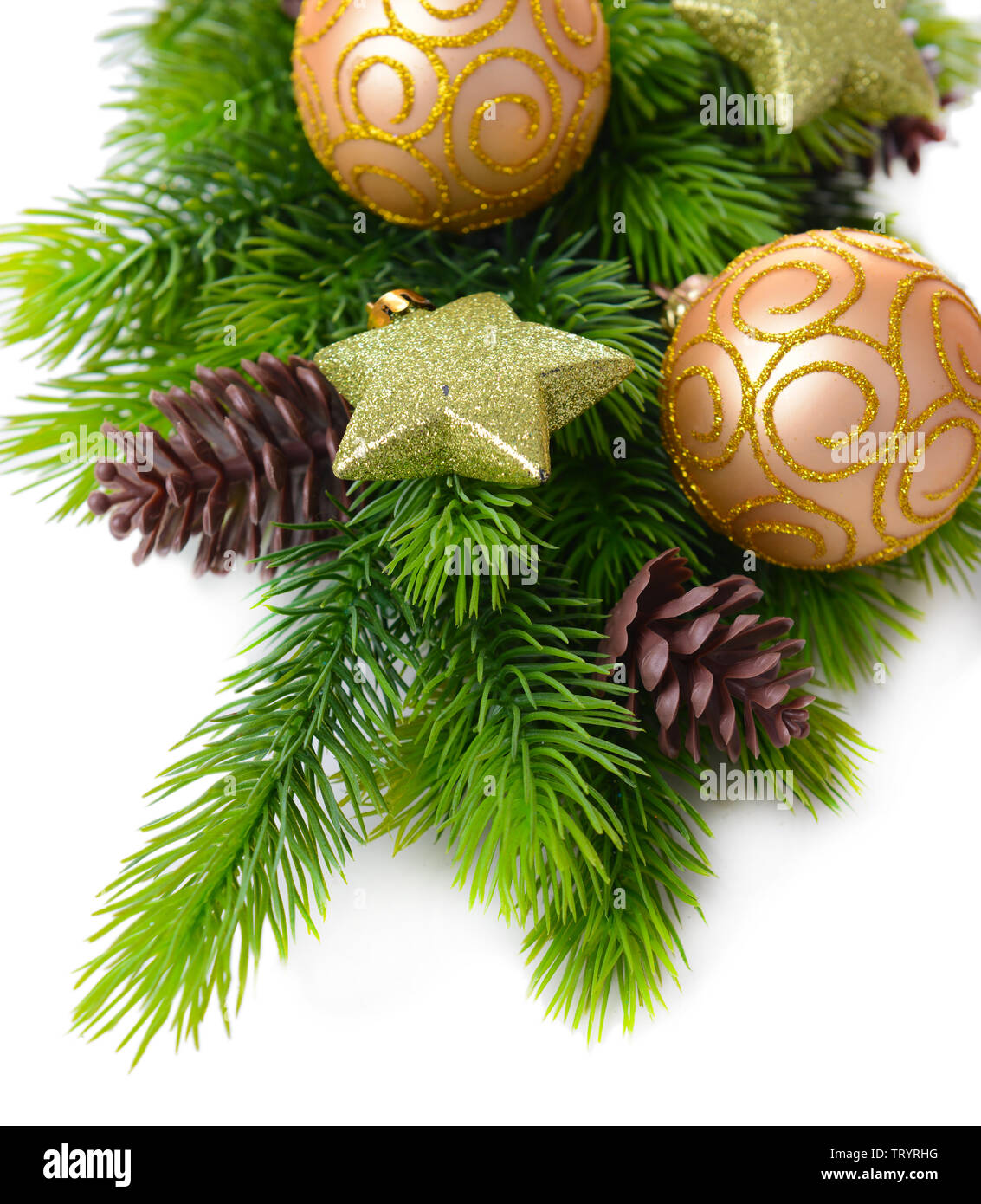 Christmas balls and decorative stars on fir tree, isolated on white ...