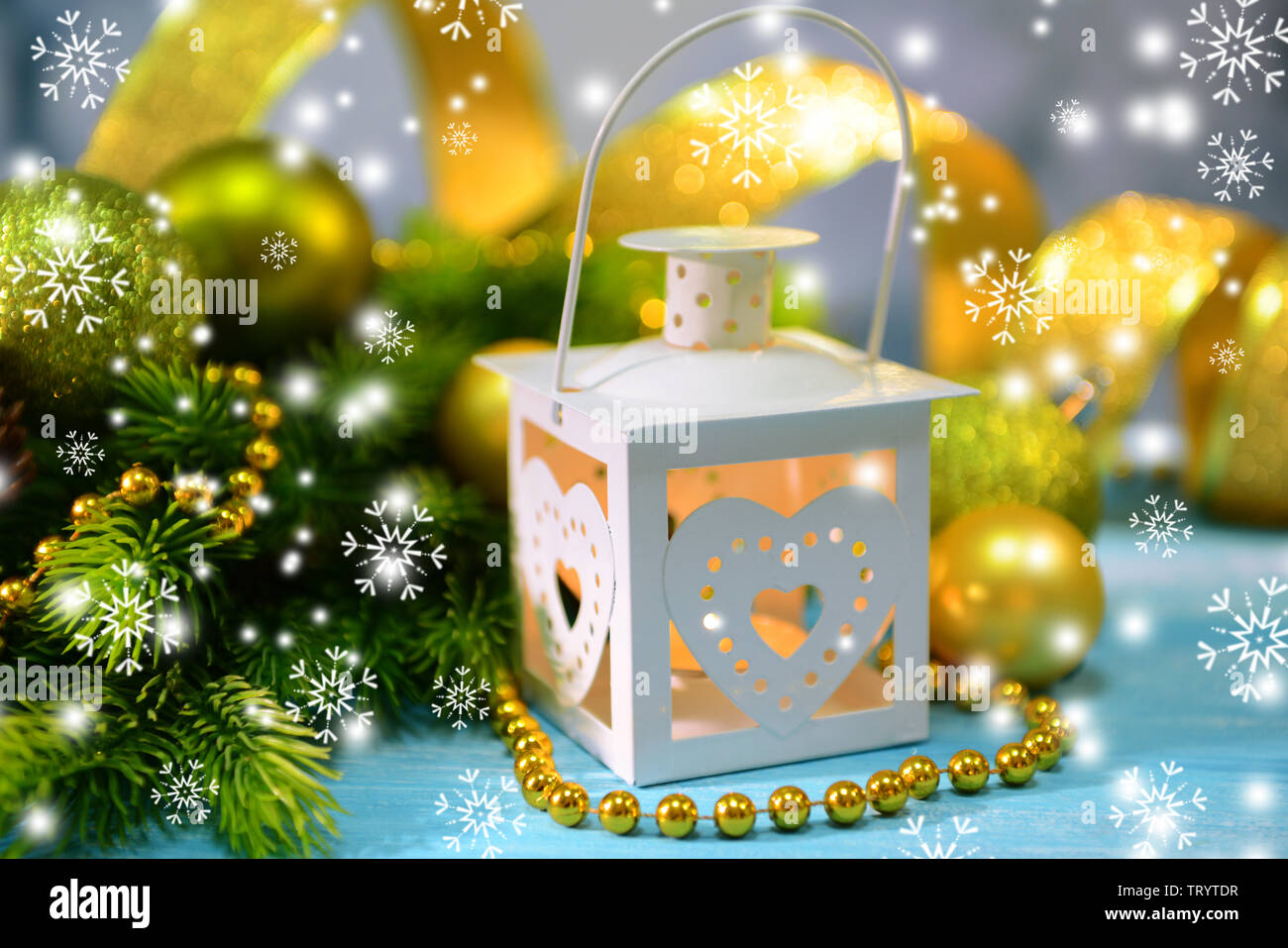 Christmas lantern, fir tree and decorations on light background Stock ...