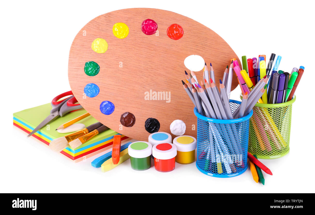 Composition of various creative tools isolated on white Stock Photo - Alamy