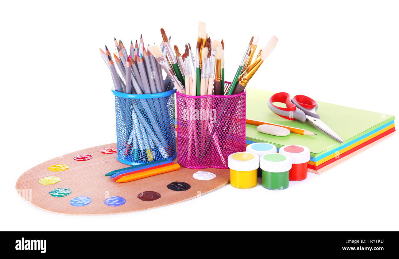 Composition of various creative tools isolated on white Stock Photo - Alamy