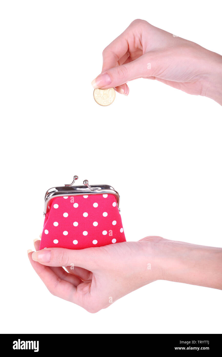 Female hand holding pink purse isolated on white Stock Photo - Alamy