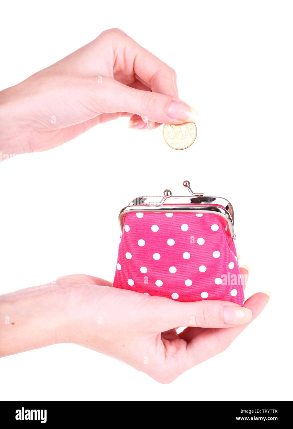 Female hand holding pink purse isolated on white Stock Photo - Alamy