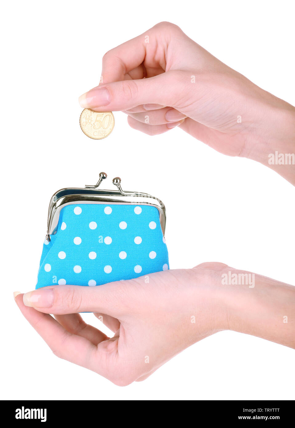 Female hand holding blue purse isolated on white Stock Photo - Alamy