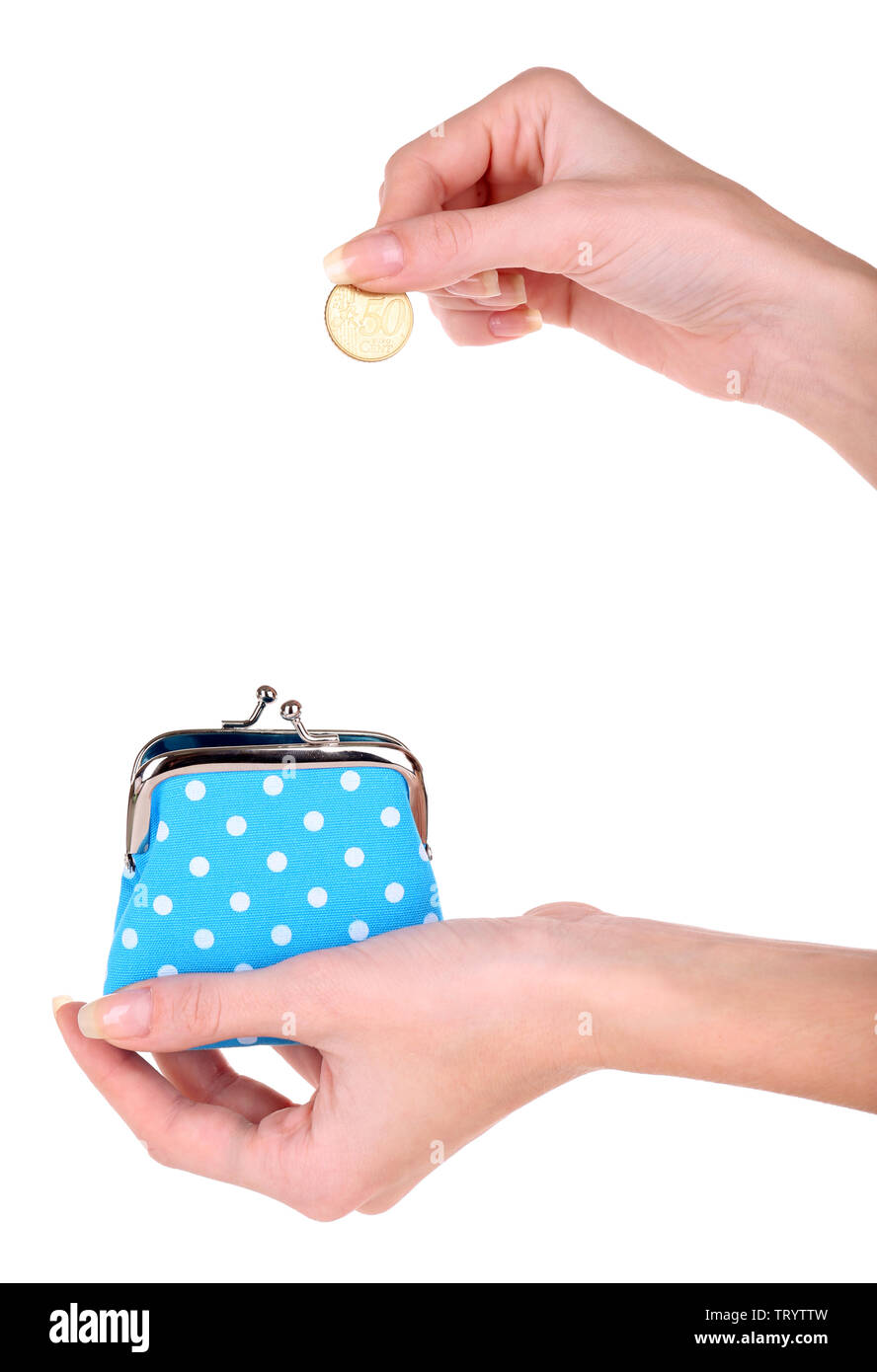 Female hand holding blue purse isolated on white Stock Photo - Alamy