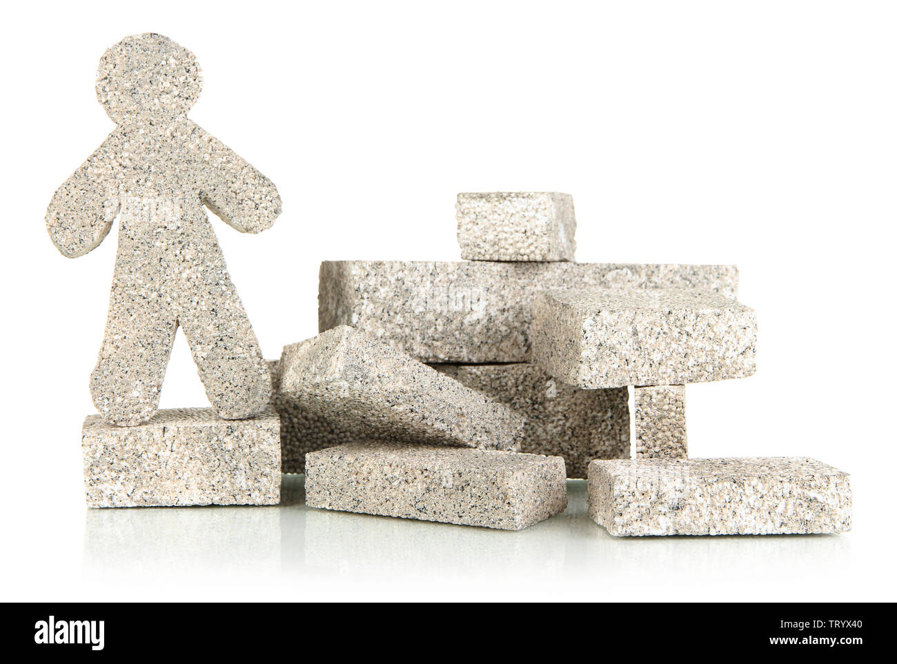 Building blocks with little man isolated on white Stock Photo - Alamy