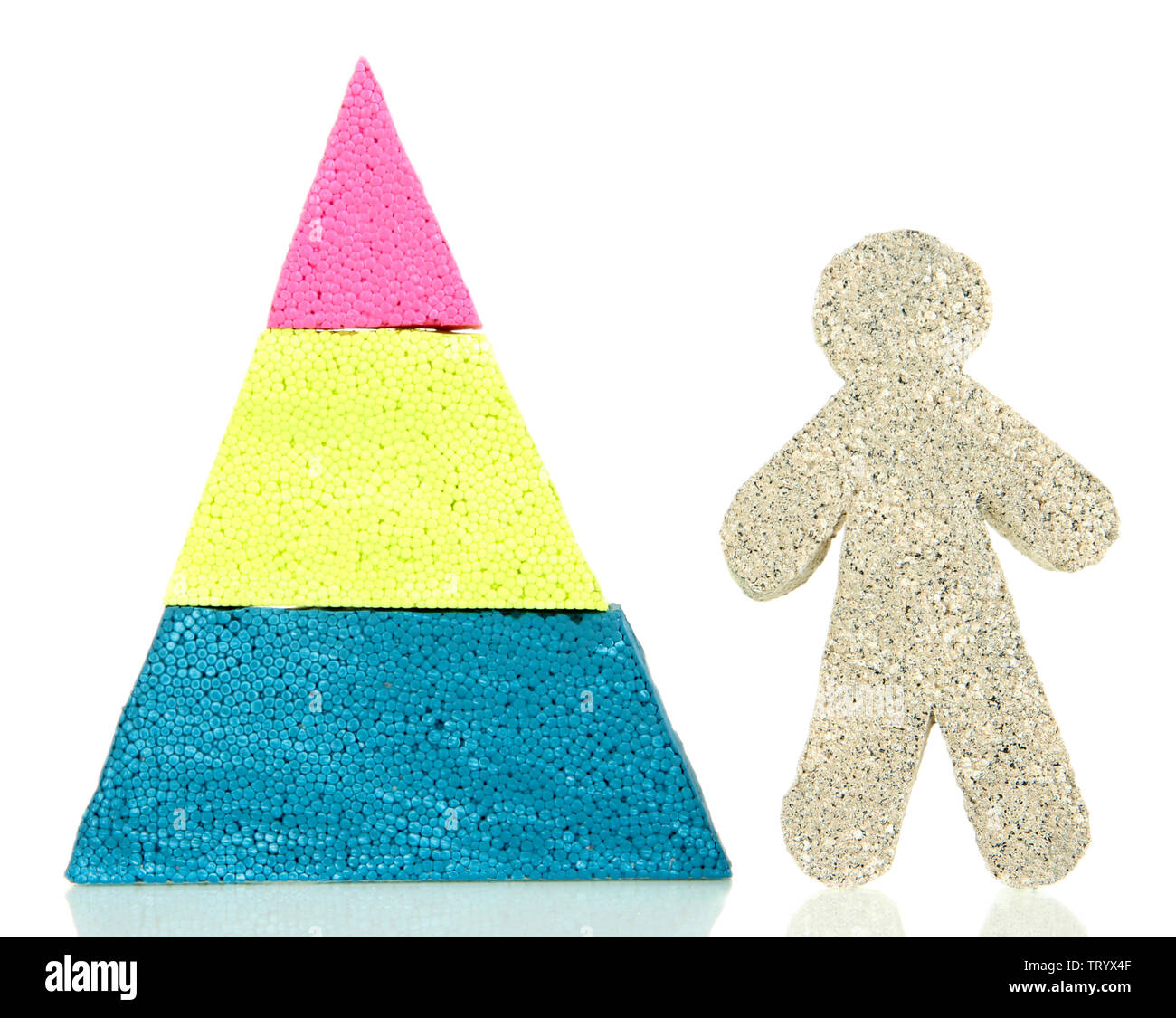 Little man and building blocks in shape of triangle isolated on white ...