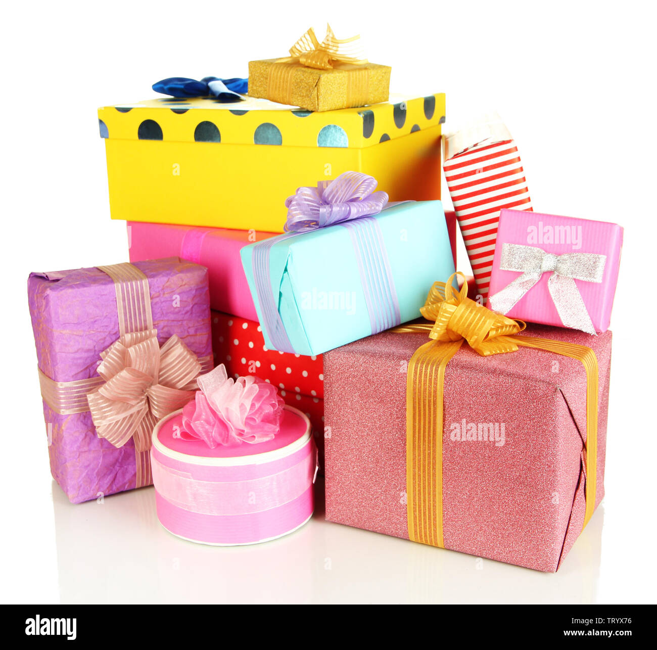 Pile of colorful gifts boxes isolated on white Stock Photo - Alamy
