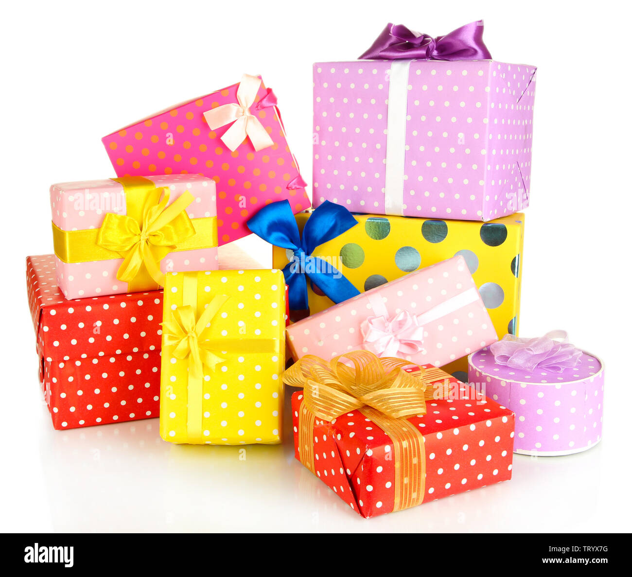 Pile of colorful gifts boxes isolated on white Stock Photo - Alamy