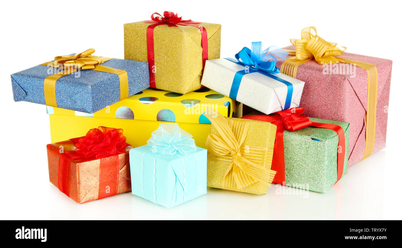 Pile of colorful gifts boxes isolated on white Stock Photo - Alamy