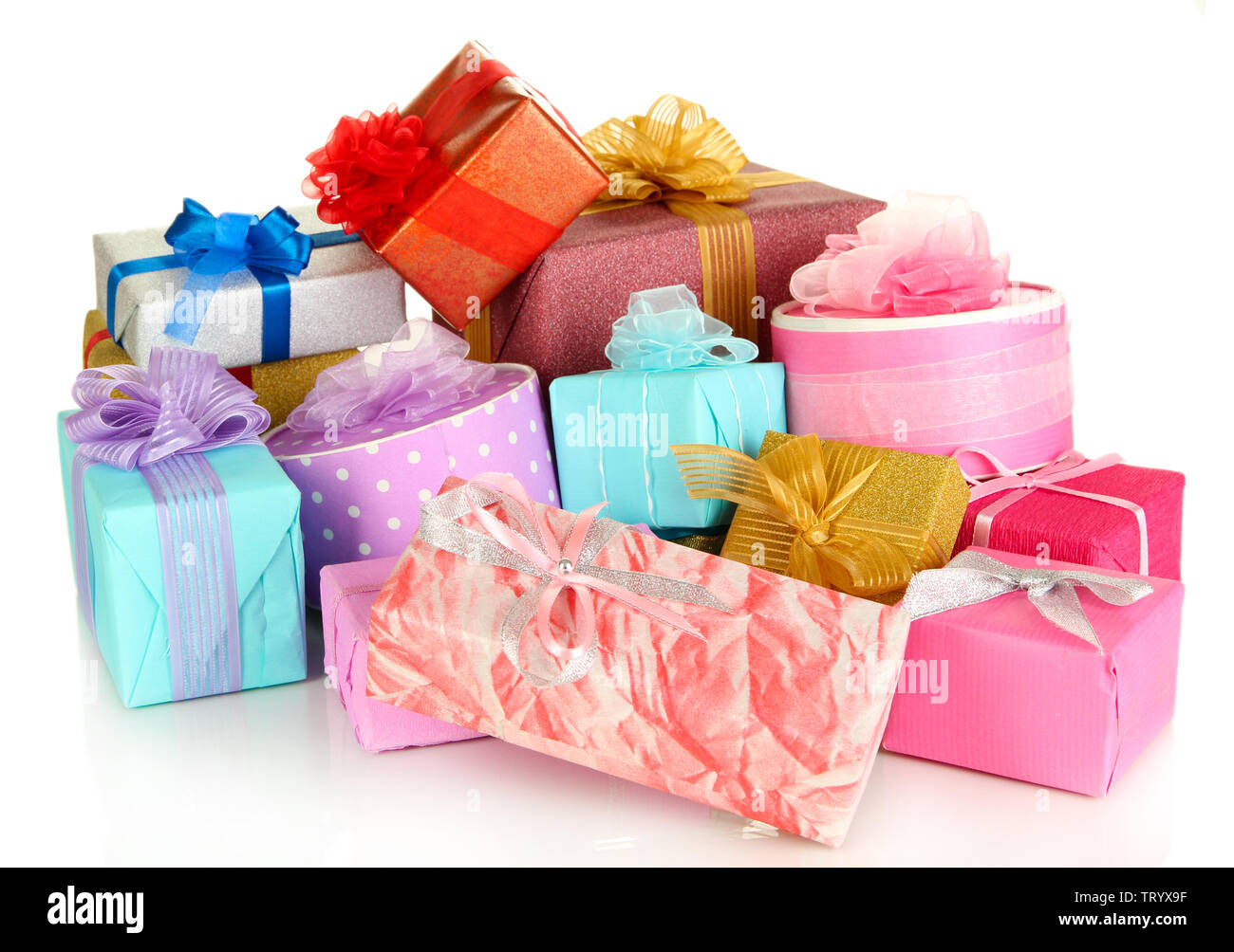 Pile of colorful gifts boxes isolated on white Stock Photo - Alamy