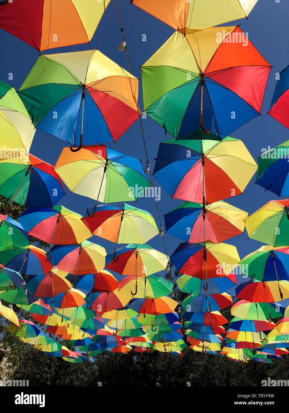 Display of umbrellas above a square in the city of Famagusta in the ...