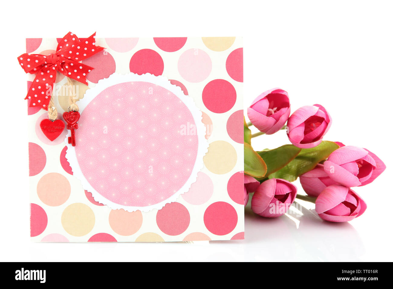 Beautiful hand made post card and flowers, isolated on white Stock ...