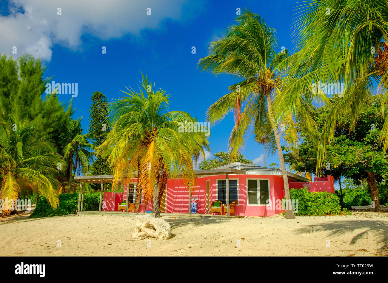 Little Cayman, Cayman Islands, Nov 2018, pink Caribbean-Style house on ...