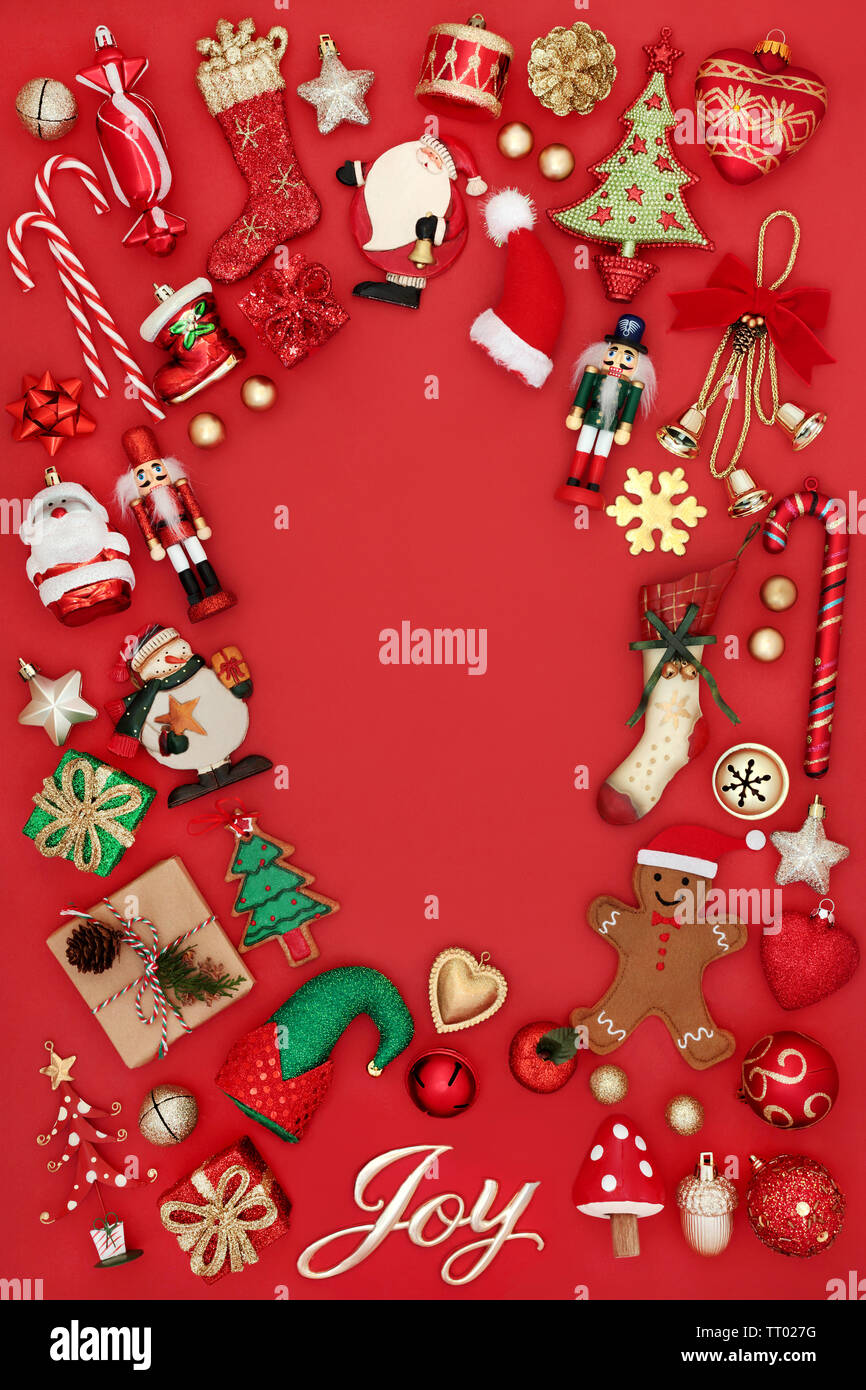 Christmas Background Border With Gold Joy Sign Tree Decorations Symbols And Ornaments On Red christmas-background-border-with-gold-joy-sign-tree-decorations-symbols-and-ornaments-on-red