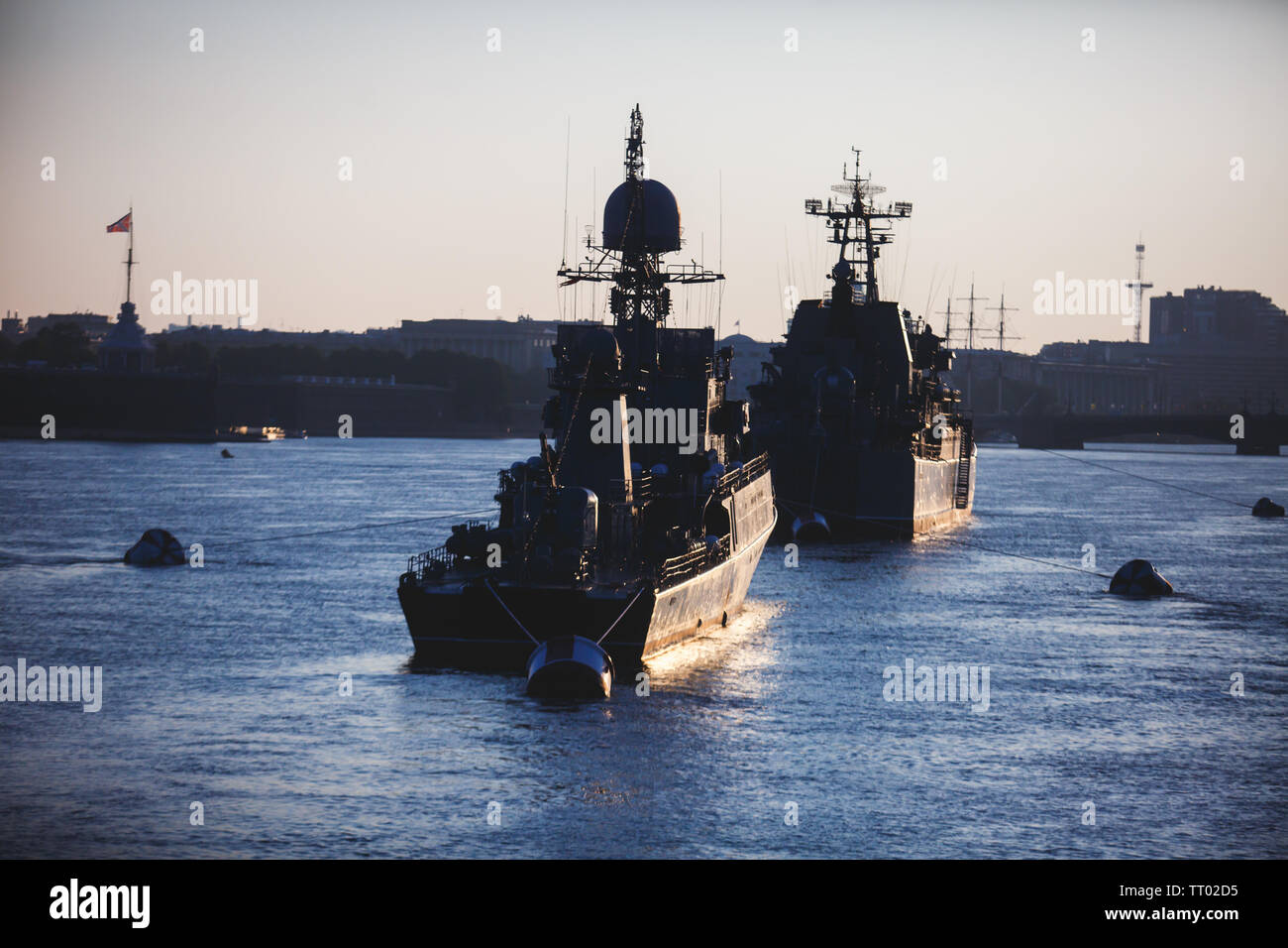 A line of modern russian military naval battleships, frigates, warships ...