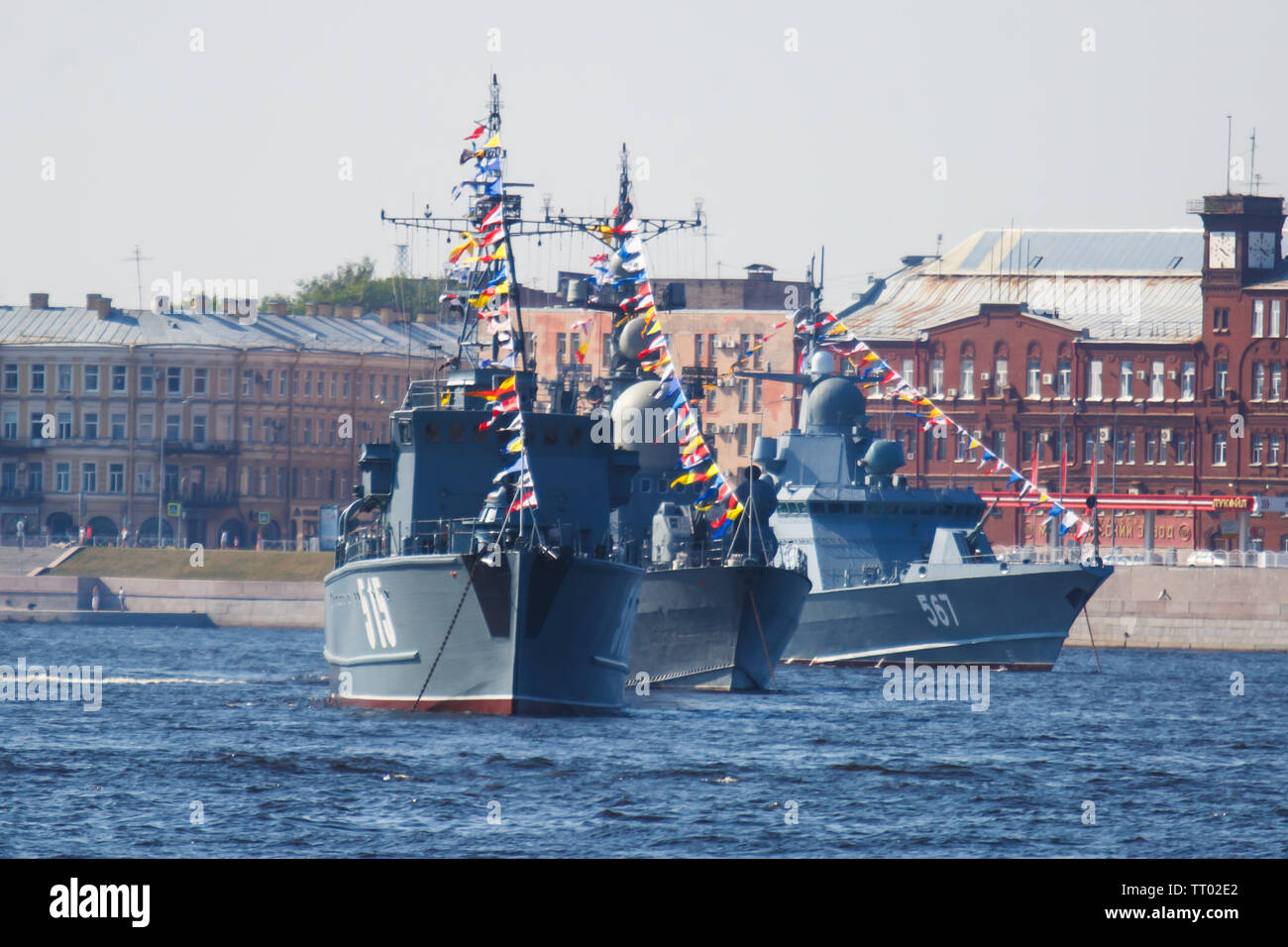 A line of modern russian military naval battleships, frigates, warships ...